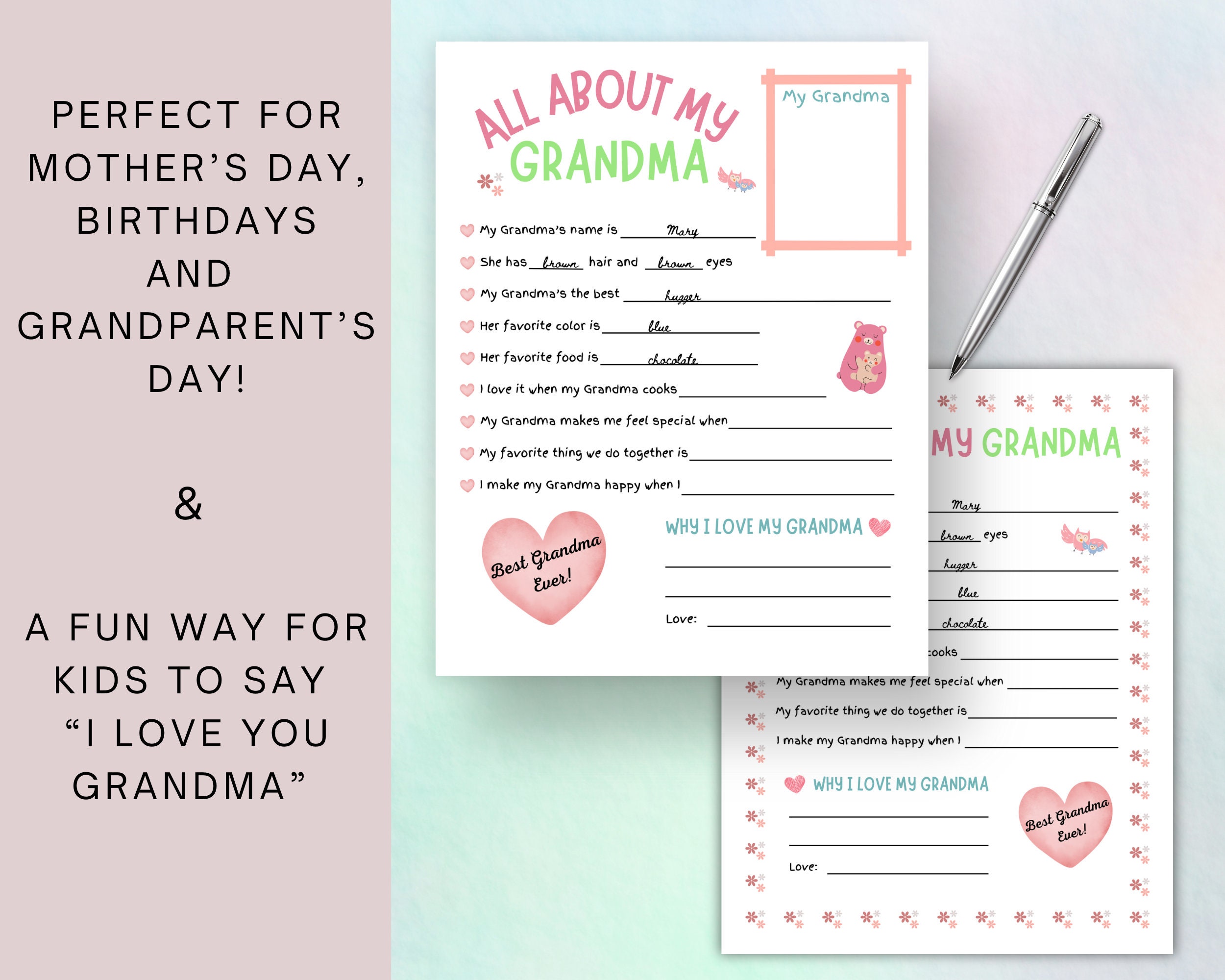 All About My Grandma Printable, Mother’s Day Gift for Grandma, Reasons ...