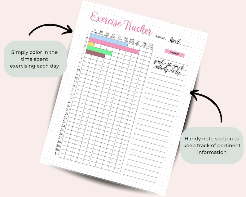 Monthly Exercise Tracker Printable: Fitness Journal Page, Workout Goal ...