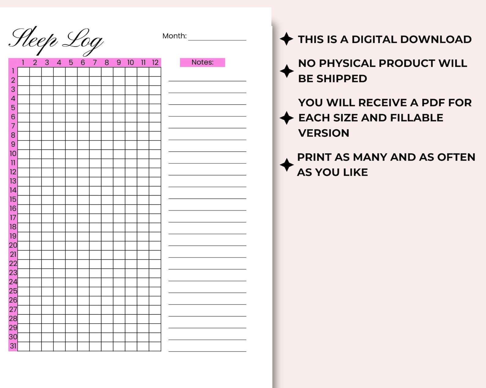 Monthly Sleep Log Printable, Sleep Tracker, Sleep Journal, Sleep ...