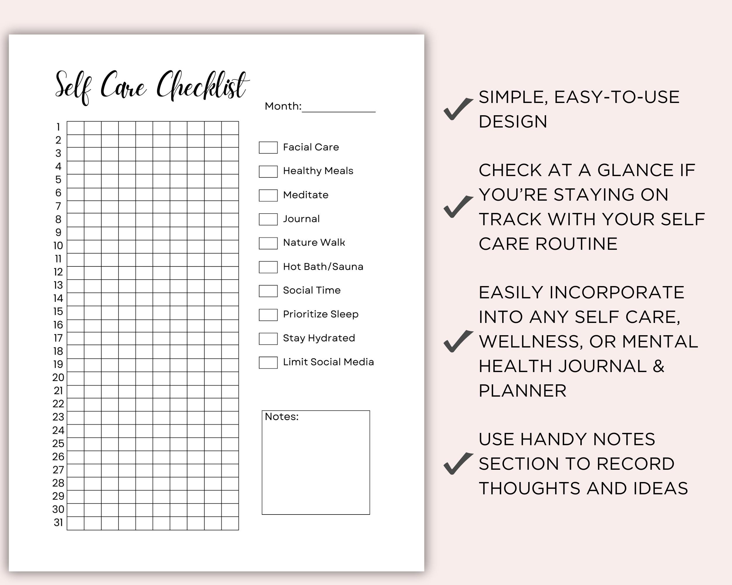 Self Care Checklist Printable, Journal Page, Monthly Self Care Log ...