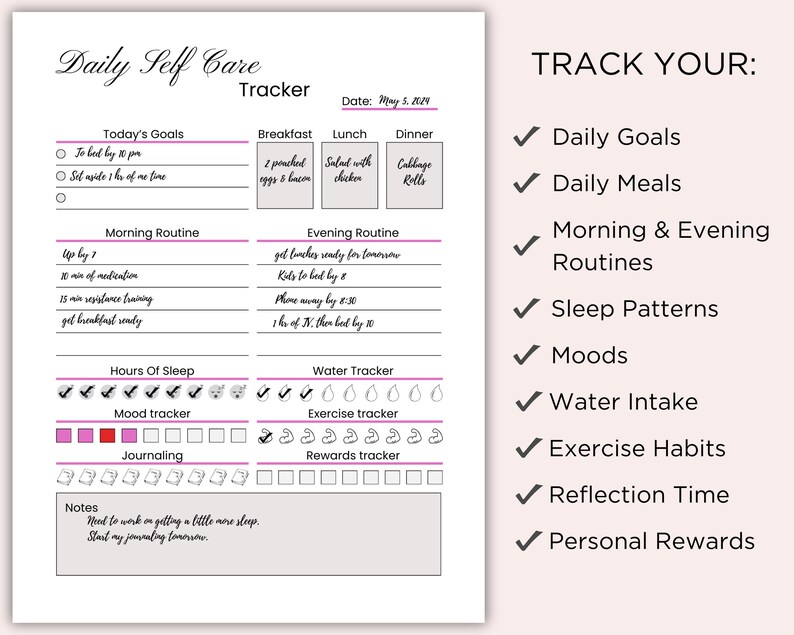 Editable Daily Self Care Tracker - Printable Self Care Planner - Self ...