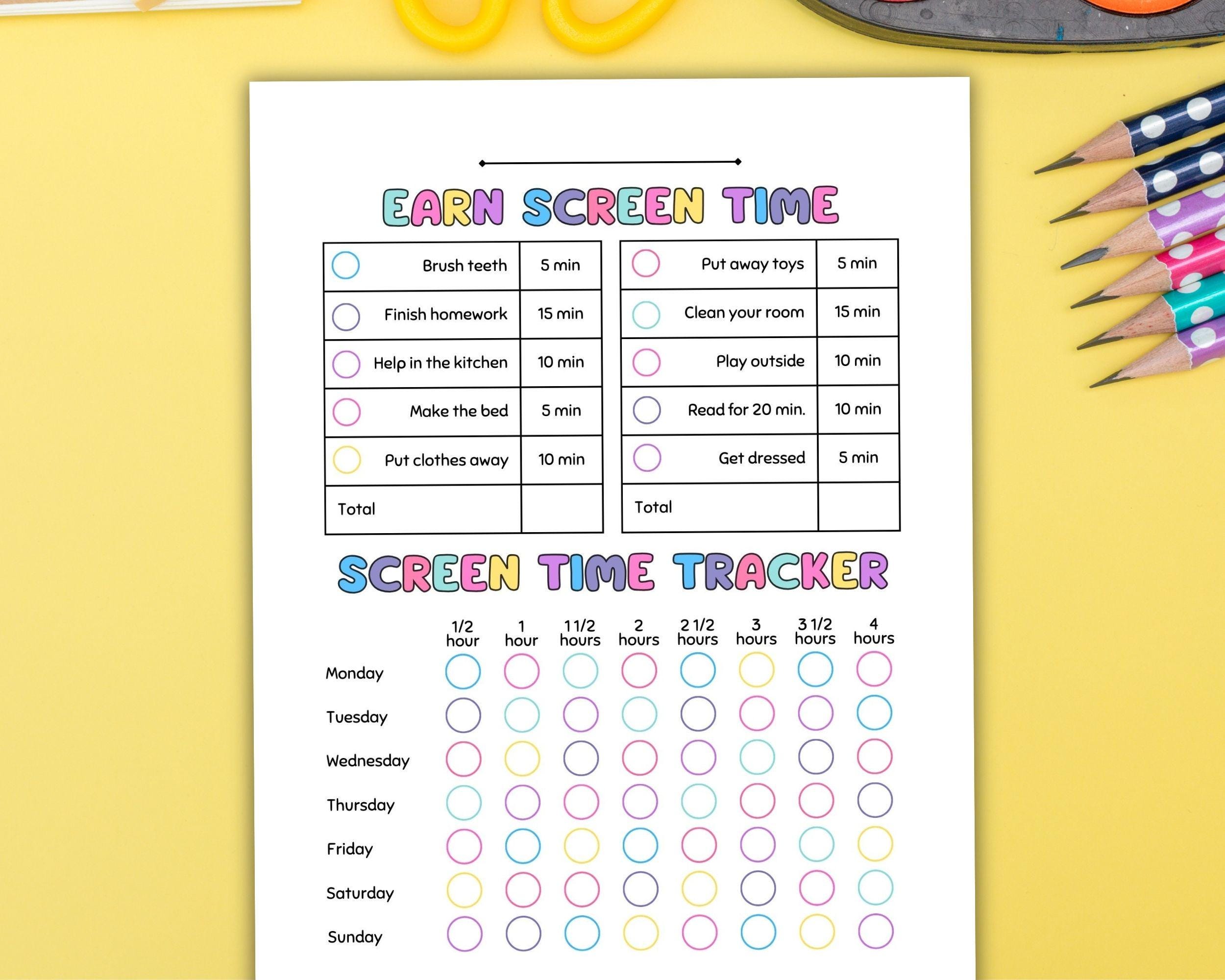 Editable Kids Screen Time Tracker and Chore List - Printable Earn ...