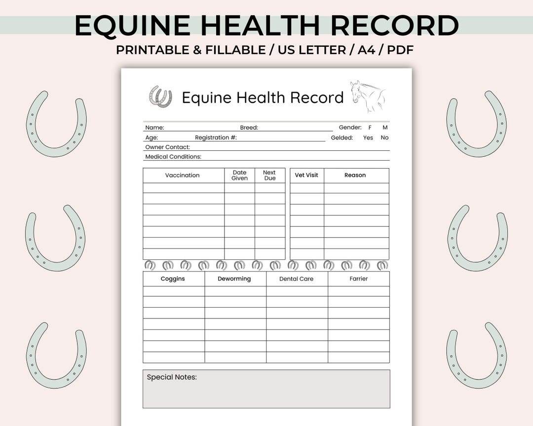 Equine Health Record Printable, Editable Horse Health Tracker, Pet ...