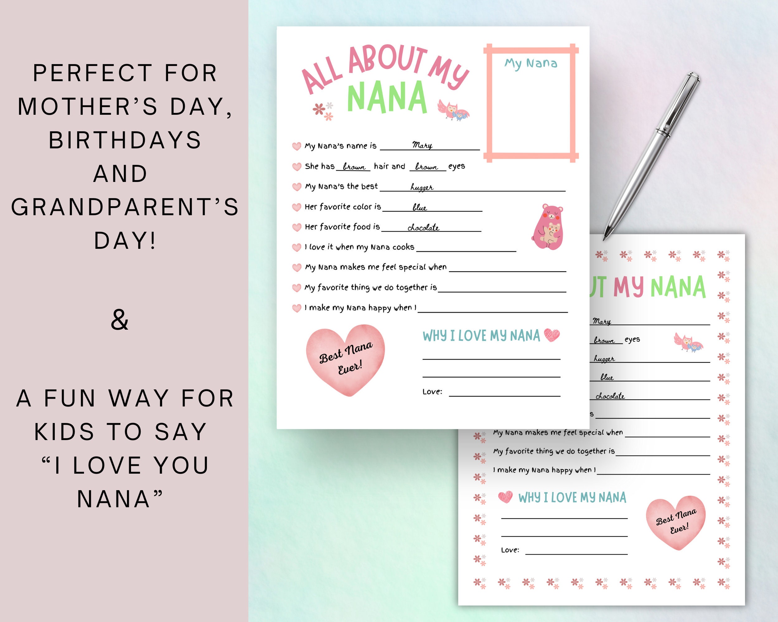 All About My Nana Printable, Mother’s Day Gift for Nana, Reasons I Love ...