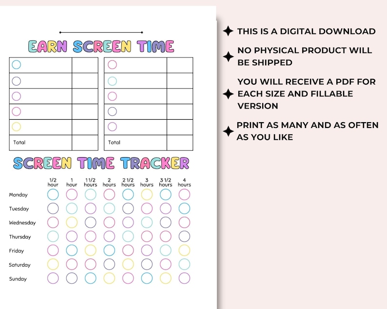 Editable Kids Screen Time Tracker and Chore List - Printable Earn ...