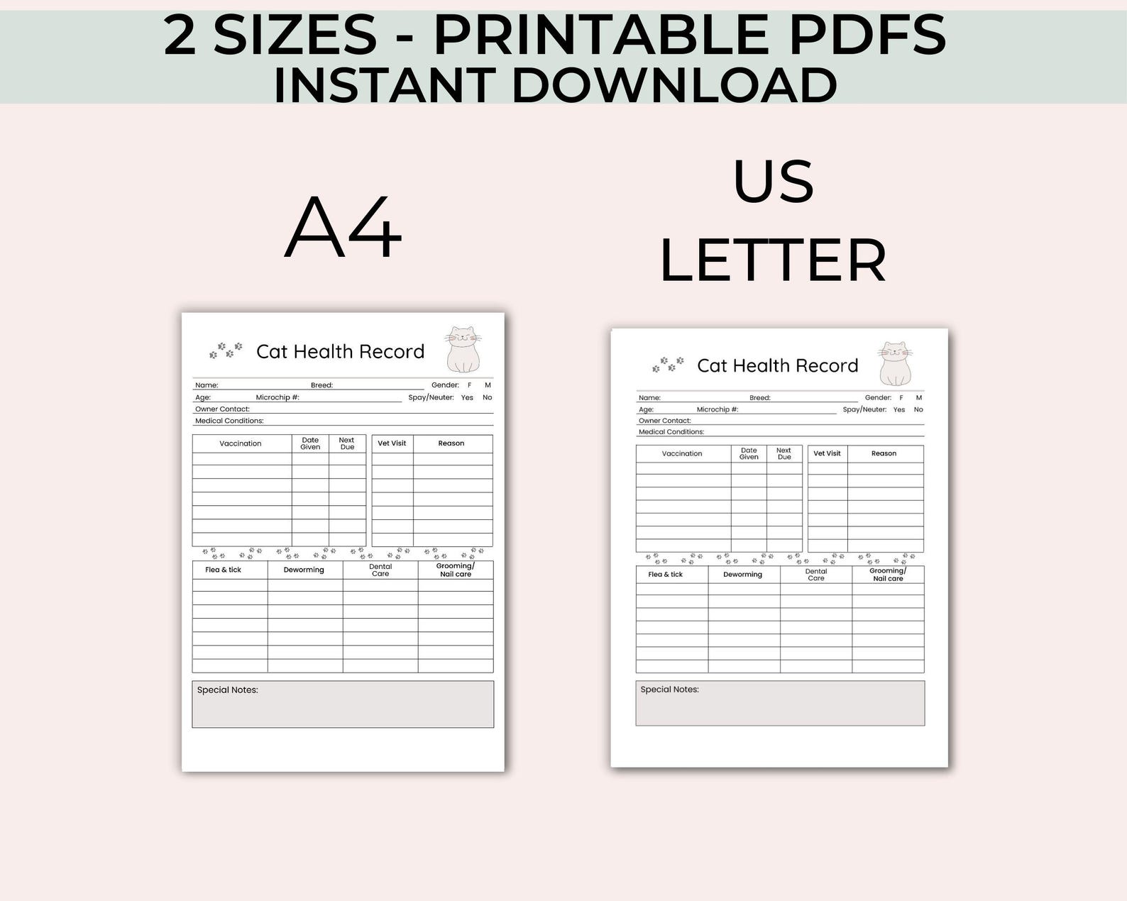 Cat Health Record Printable, Pet Health and Grooming Tracker, Editable ...