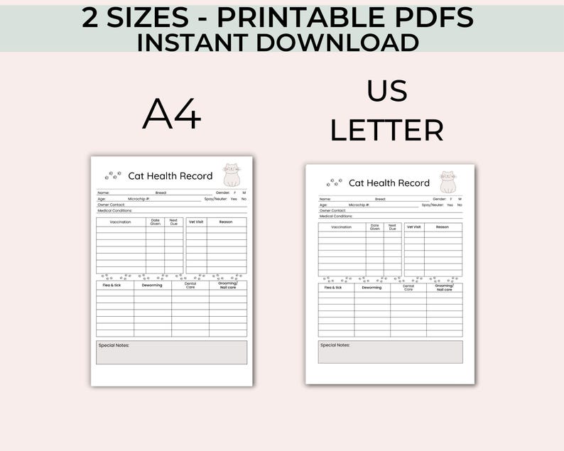 Cat Health Record Printable, Pet Health and Grooming Tracker, Editable ...