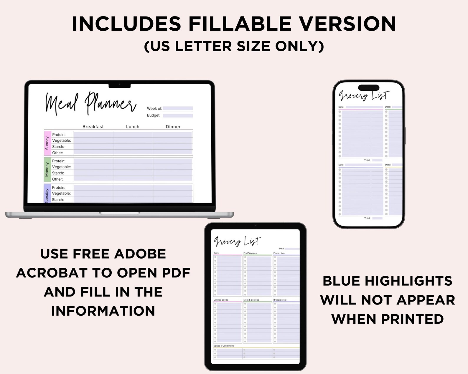Editable Meal Planner and Grocery List, Weekly Meal Tracker Printable ...