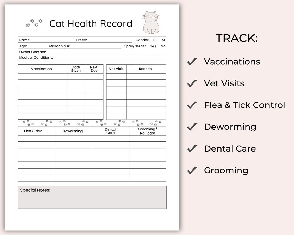 Cat Health Record Printable, Pet Health and Grooming Tracker, Editable ...