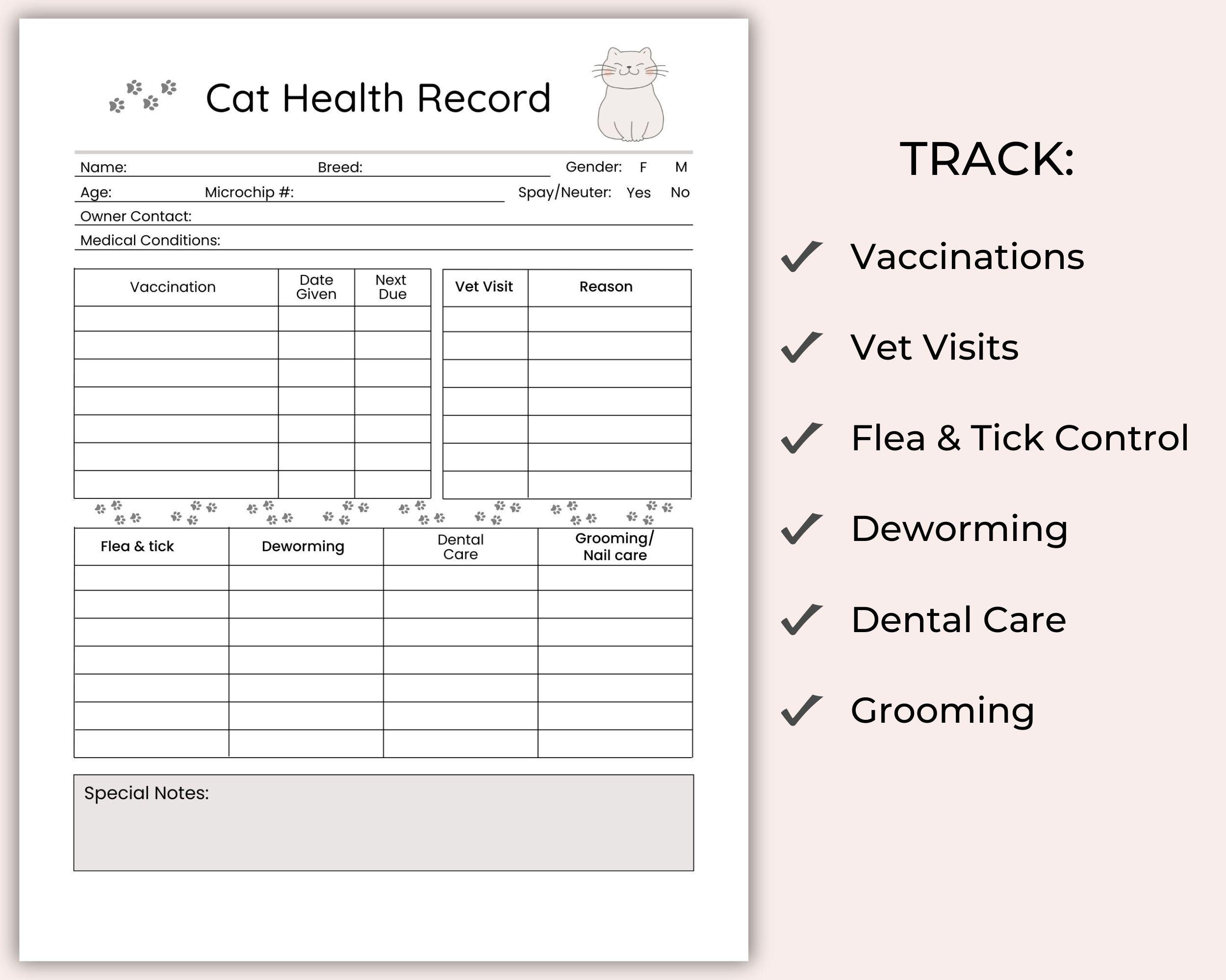 Cat Health Record Printable, Pet Health and Grooming Tracker, Editable ...