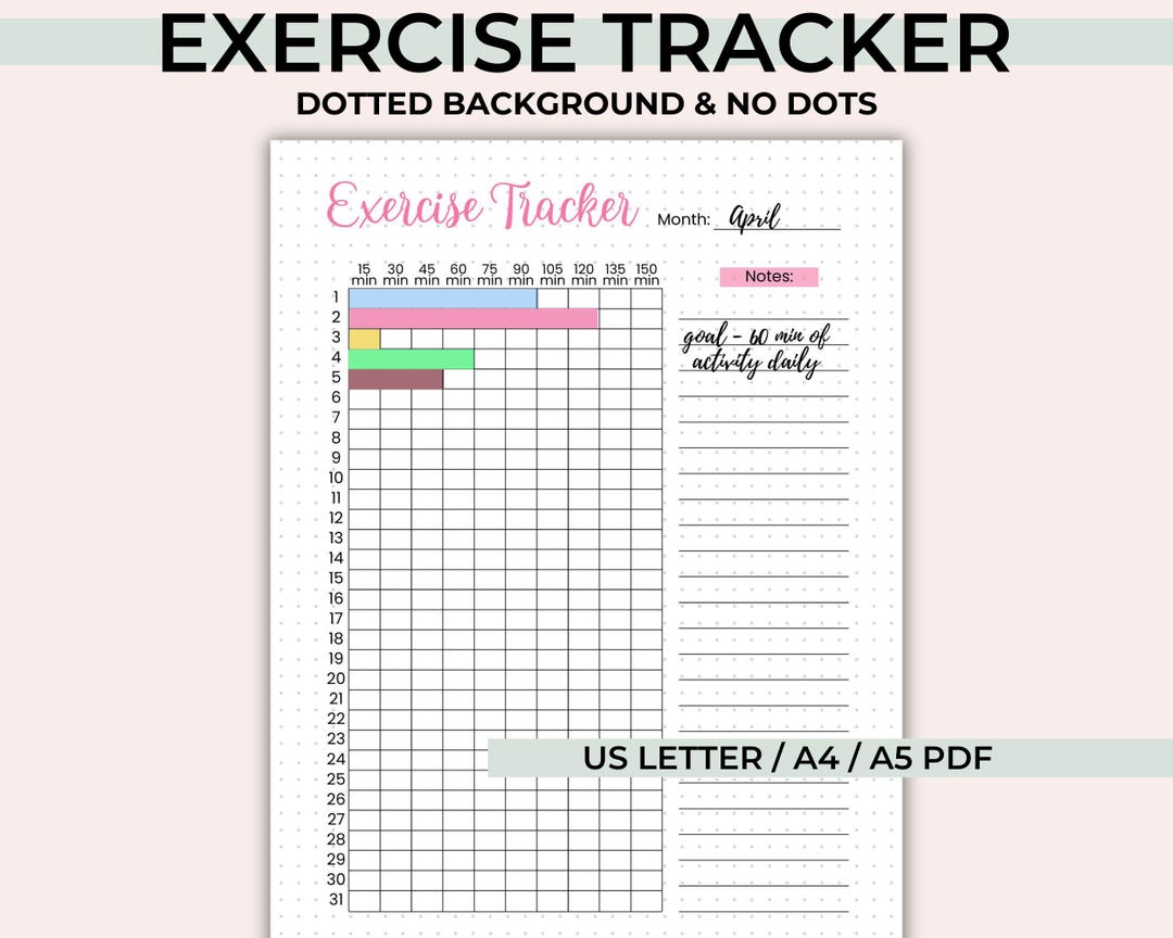 Monthly Exercise Tracker Printable - Workout Log - Fitness Goal Planner ...