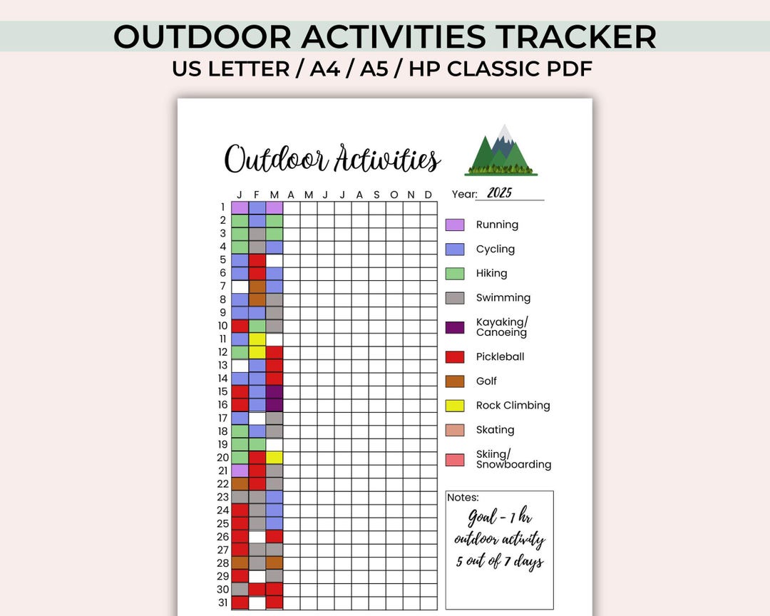 Outdoor Activities Tracker Printable: Yearly Adventure Journal Page ...