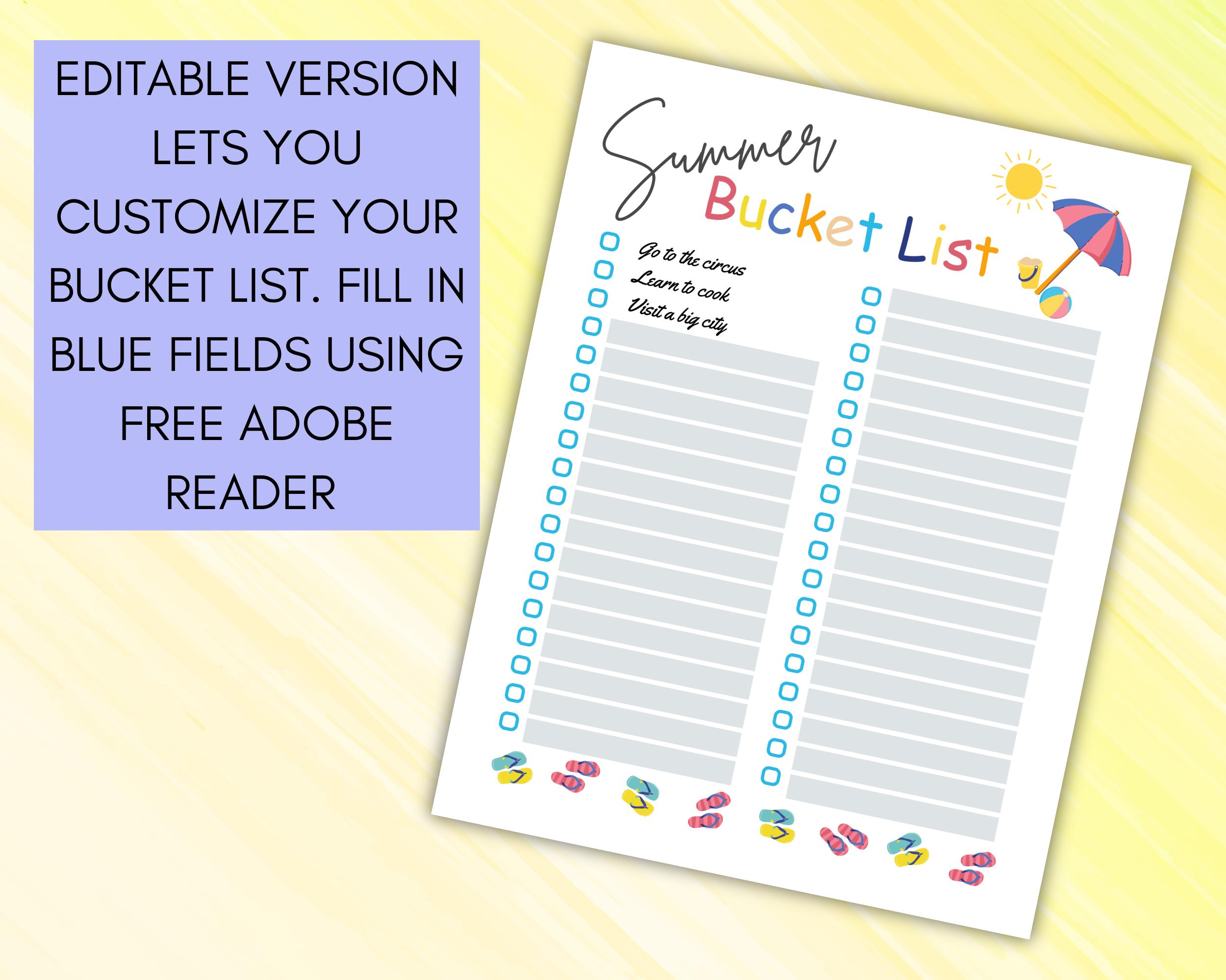 Editable Summer Bucket List - Printable Kids Vacation Activities ...