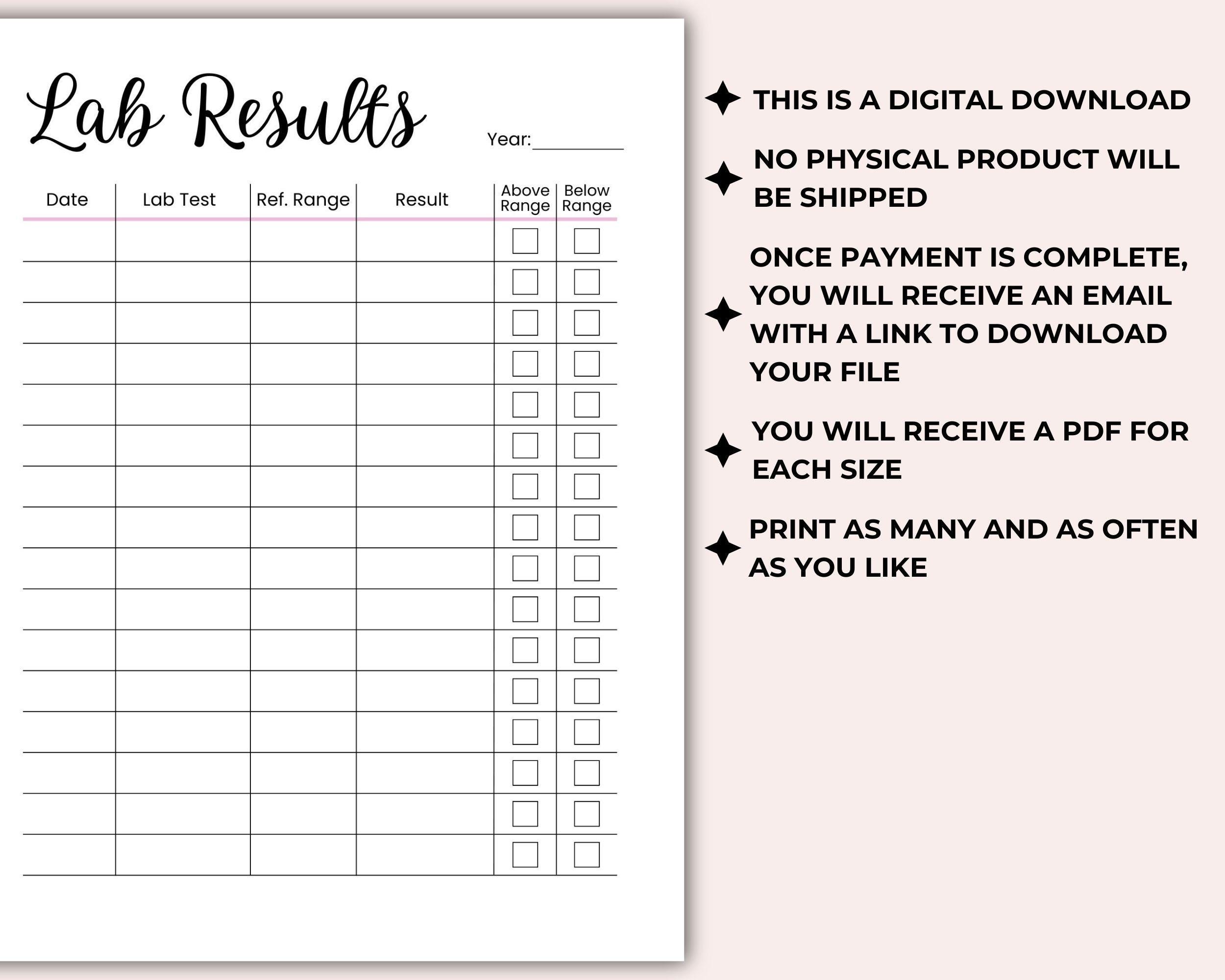 Editable Lab Results Tracker - Printable Lab Work Log - Monitor Lab ...