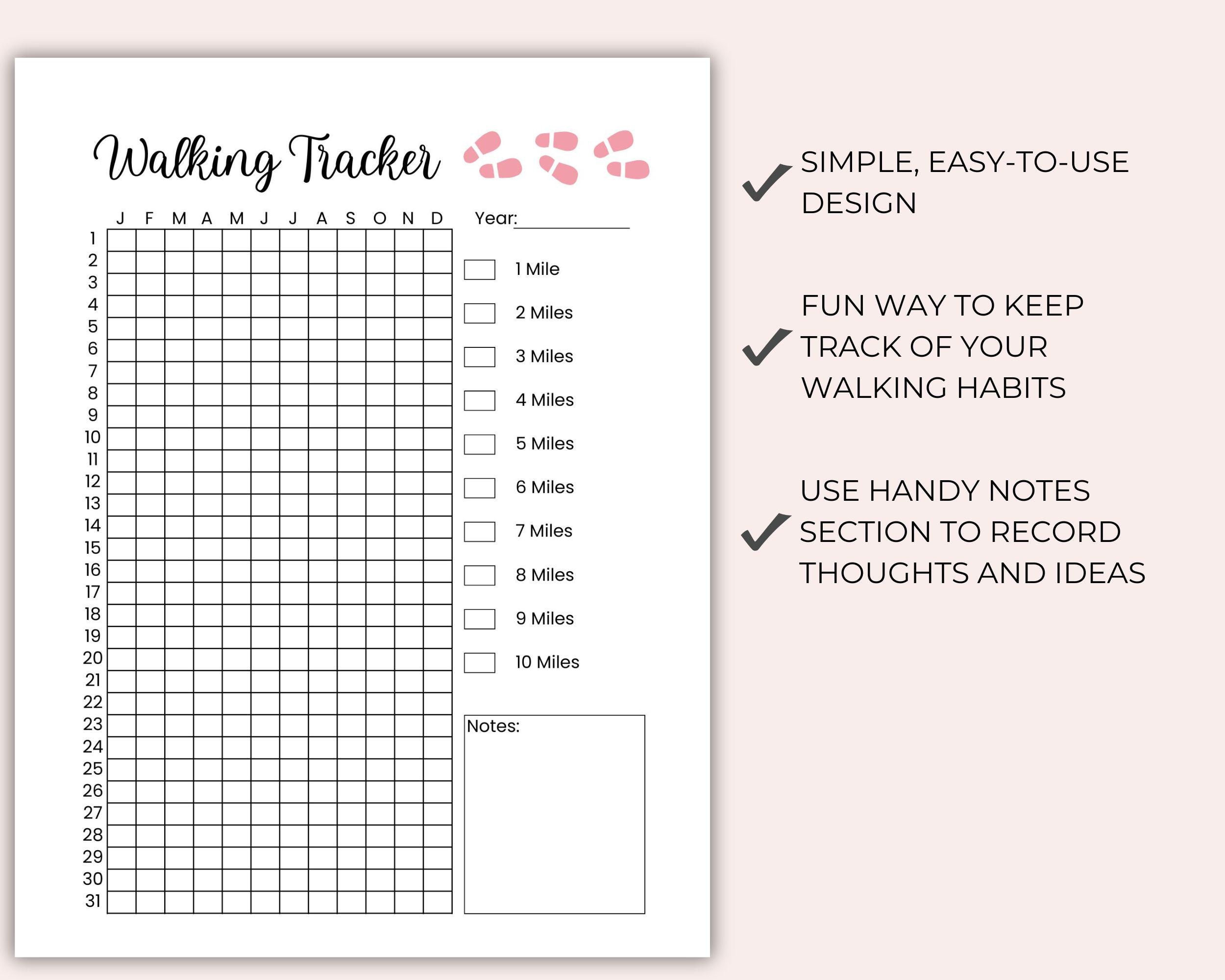 Walking Tracker Printable: Daily Mileage Log, Journal Page, Fitness ...