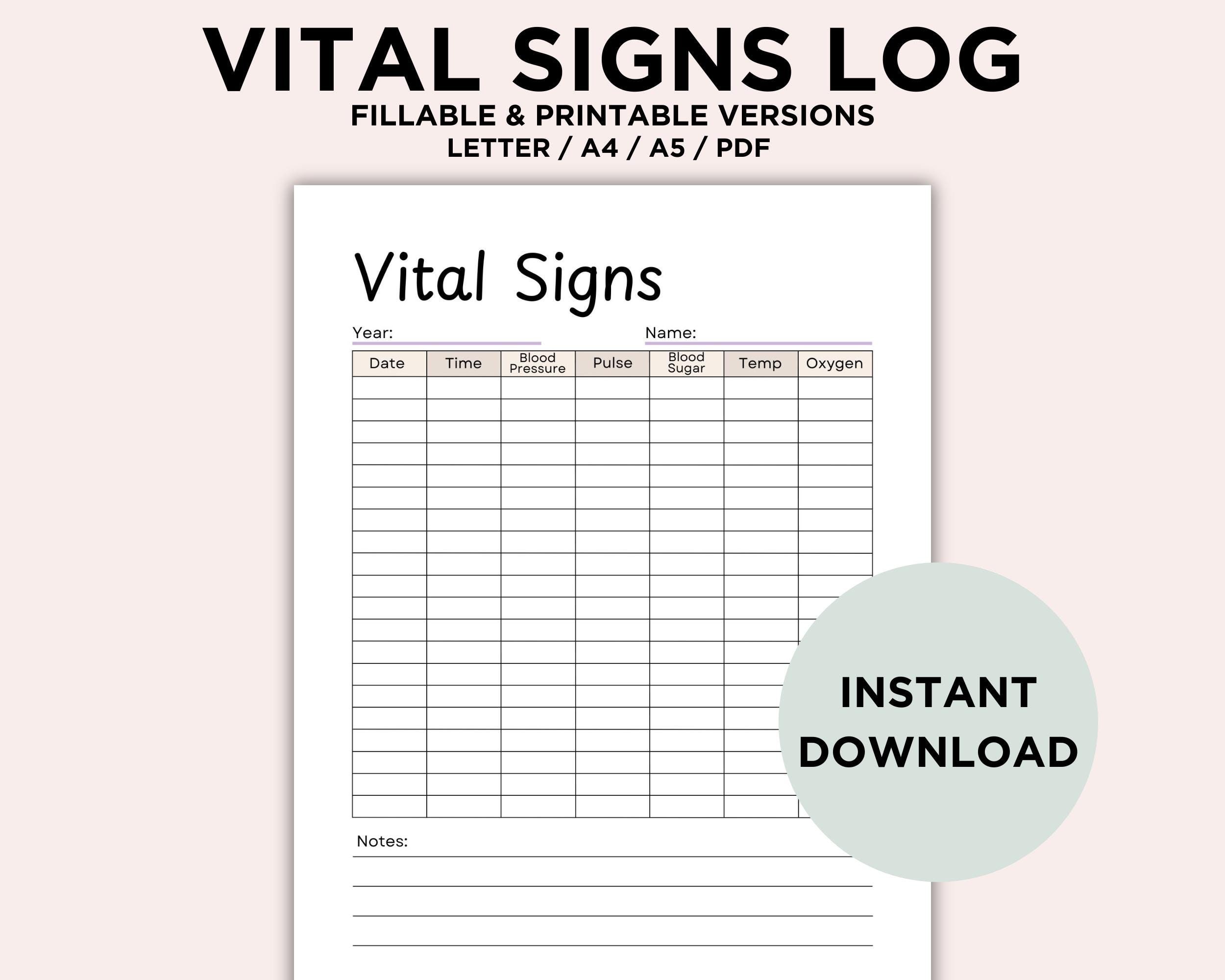 Editable & Printable Vital Signs Chart, Vital Signs Log, Nursing Student Daily Vital Signs ...