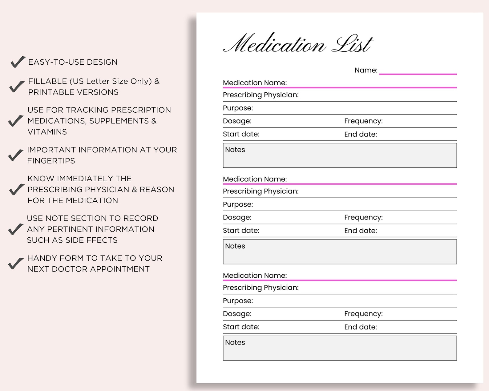 Editable Medication List Printable, Medication Chart, Medicine Sheet ...