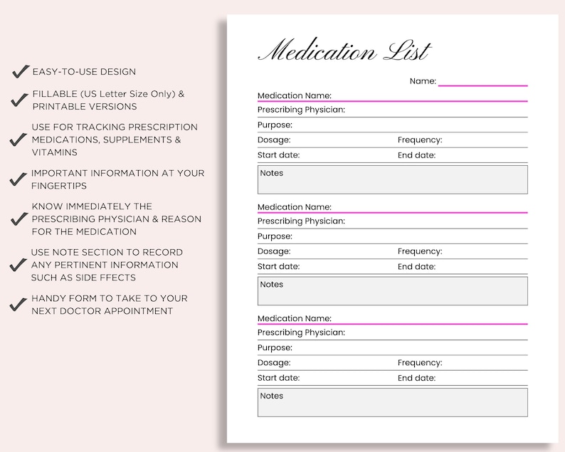 Editable Medication List Printable, Medication Chart, Medicine Sheet ...