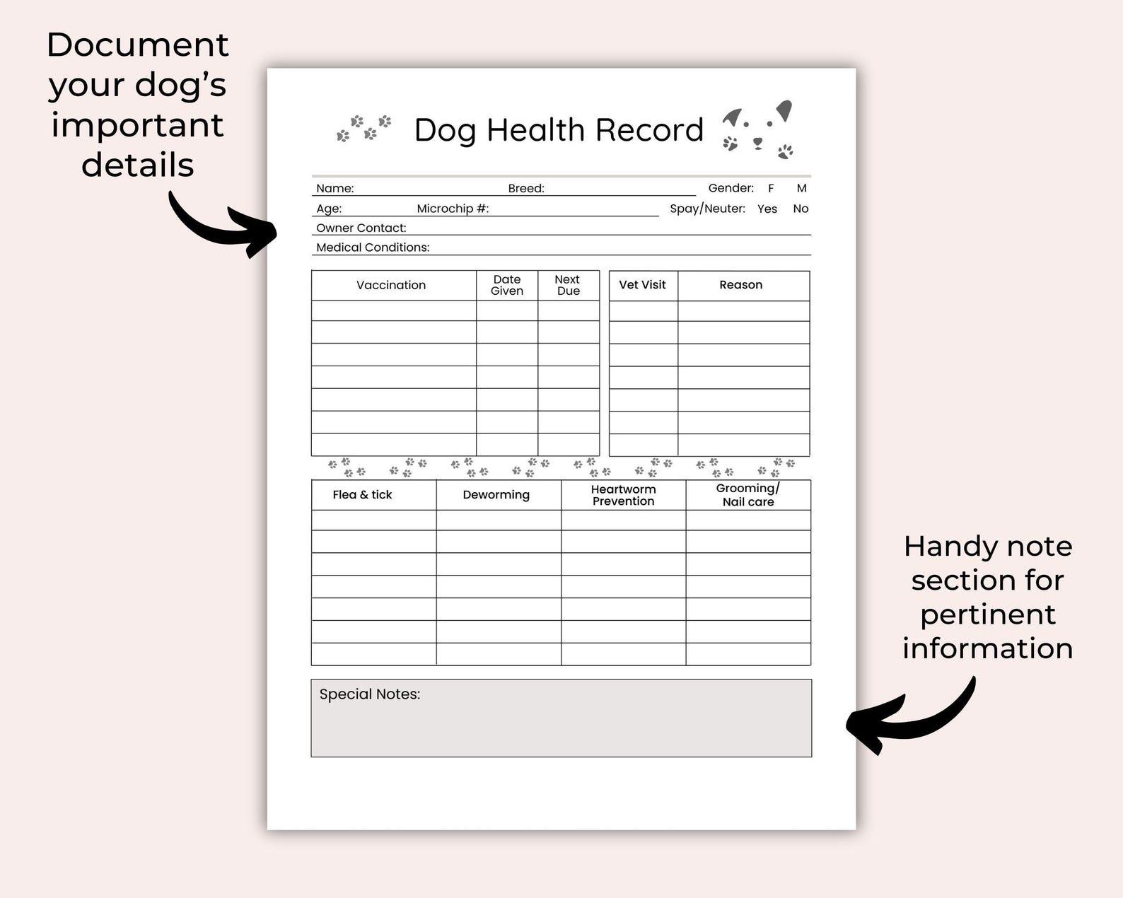 Dog Health Record Printable, Pet Health and Grooming Tracker, Editable ...
