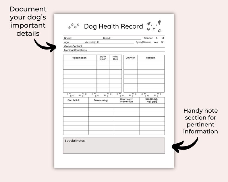 Dog Health Record Printable, Pet Health and Grooming Tracker, Editable ...