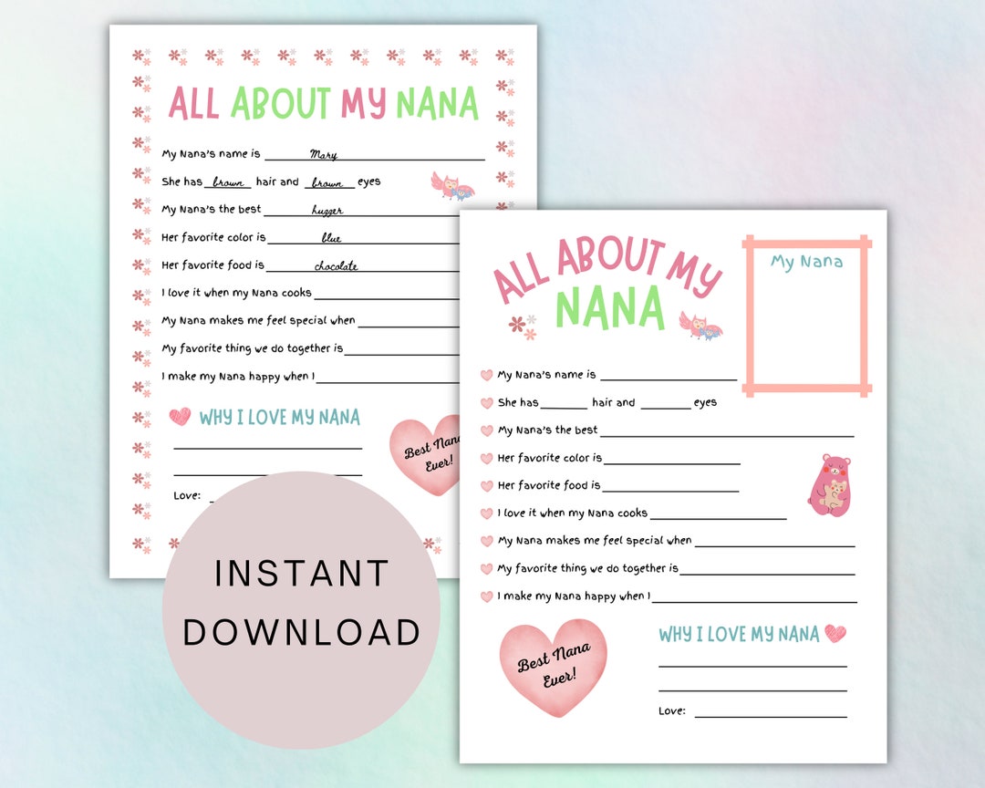 All About My Nana Printable, Mother’s Day Gift for Nana, Reasons I Love ...