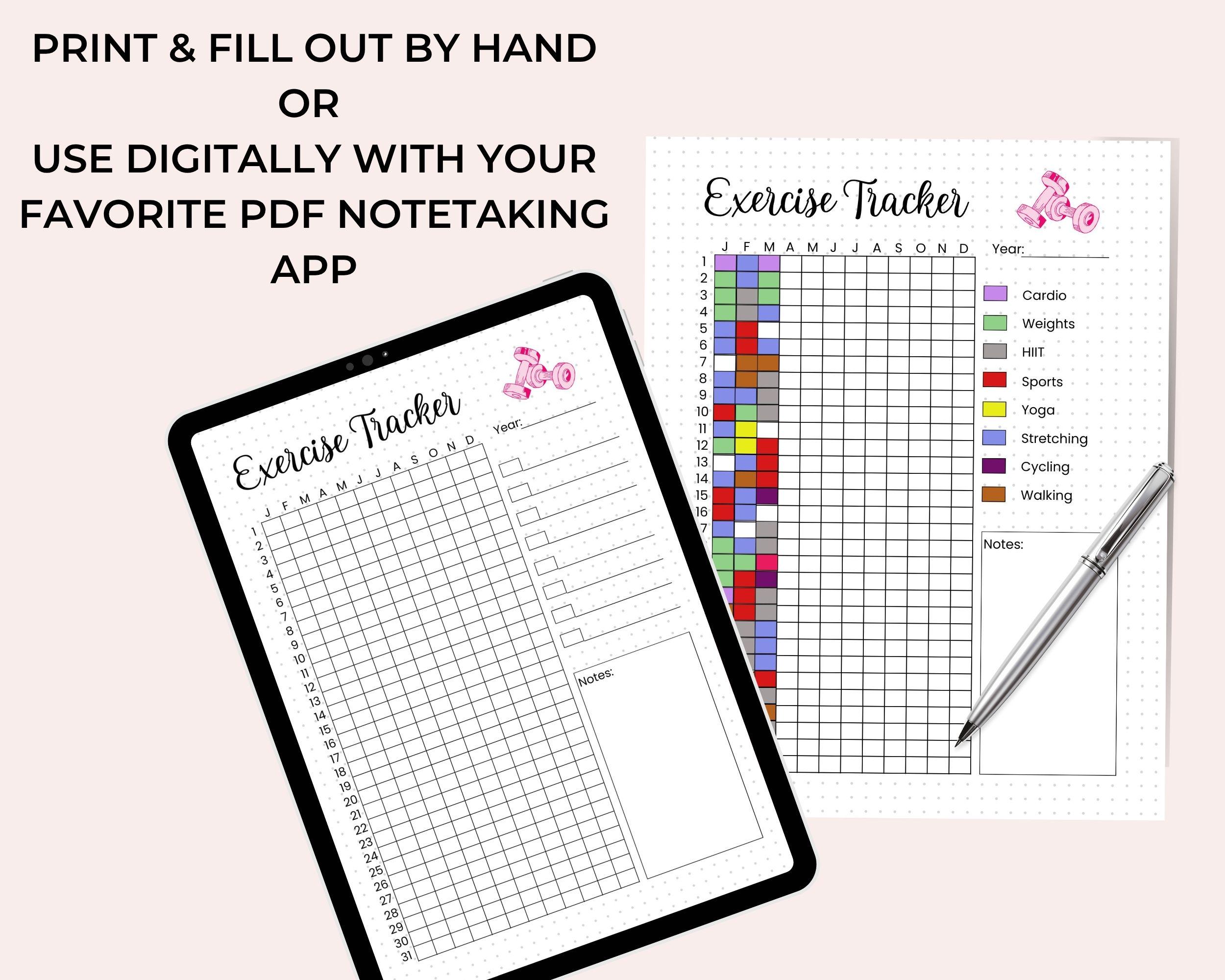 Yearly Exercise Tracker, Printable Journal Page, Fitness Goal Planner ...