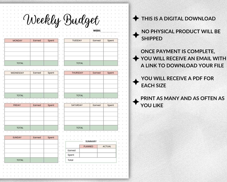 Weekly Budget Planner Template - Printable Journal Page - Simple Budget ...