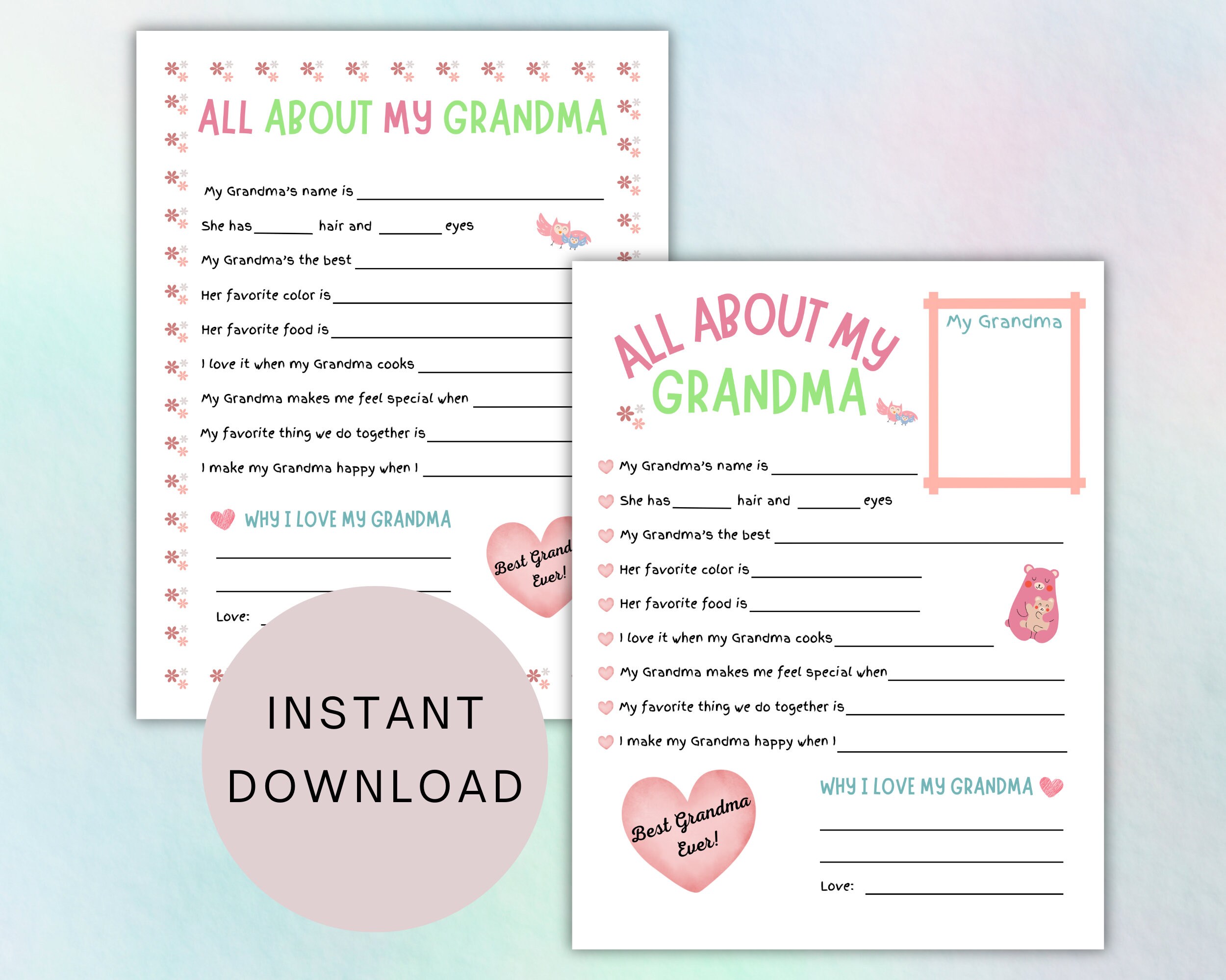 All About My Grandma Printable, Mother’s Day Gift for Grandma, Reasons ...