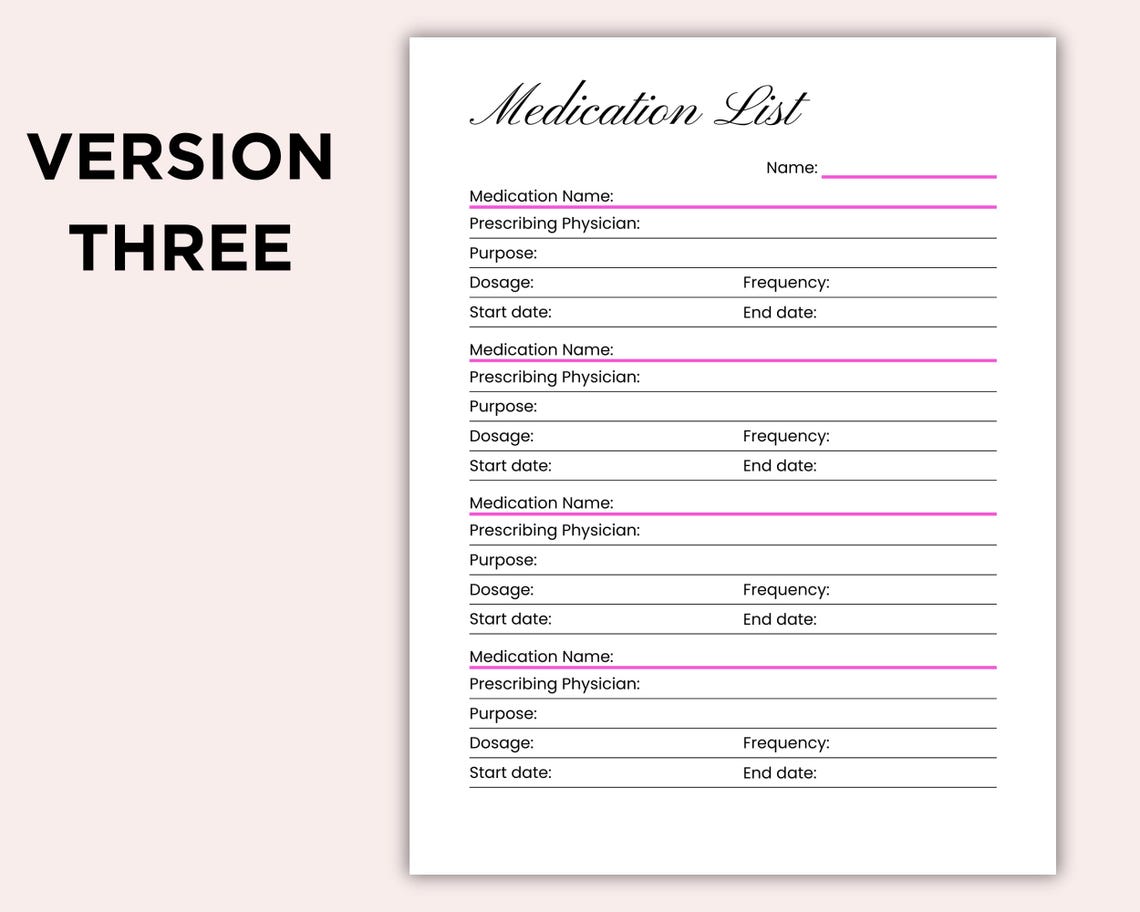 Editable Medication List Printable, Medication Chart, Medicine Sheet ...