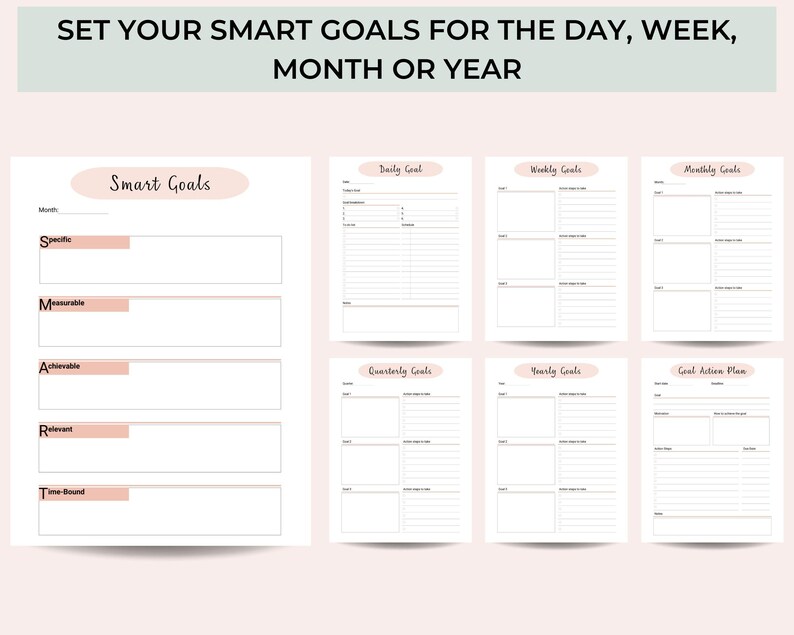 Goal Planner Bundle Printable, SMART Goal Setting, Daily Weekly Monthly ...
