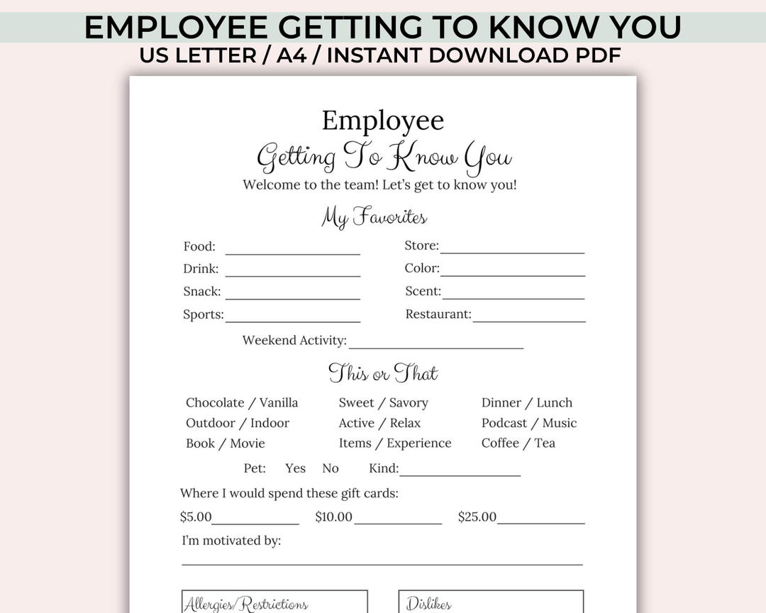 Employee Getting to Know You Printable - Employee Favorites Things ...