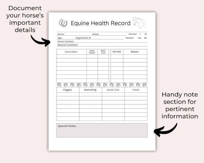 Equine Health Record Printable, Editable Horse Health Tracker, Pet ...