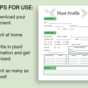 Plant Profile Sheet Printable, Plant Instruction Tracker, Plant Care ...