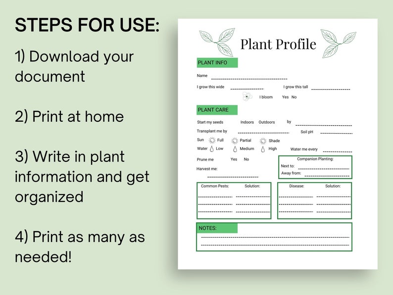 Plant Profile Sheet Printable, Plant Instruction Tracker, Plant Care ...