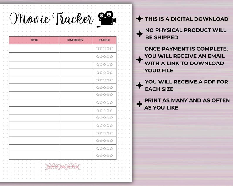 Movie Tracker - Printable Journal Page - Movie Review & Log - Letter ...