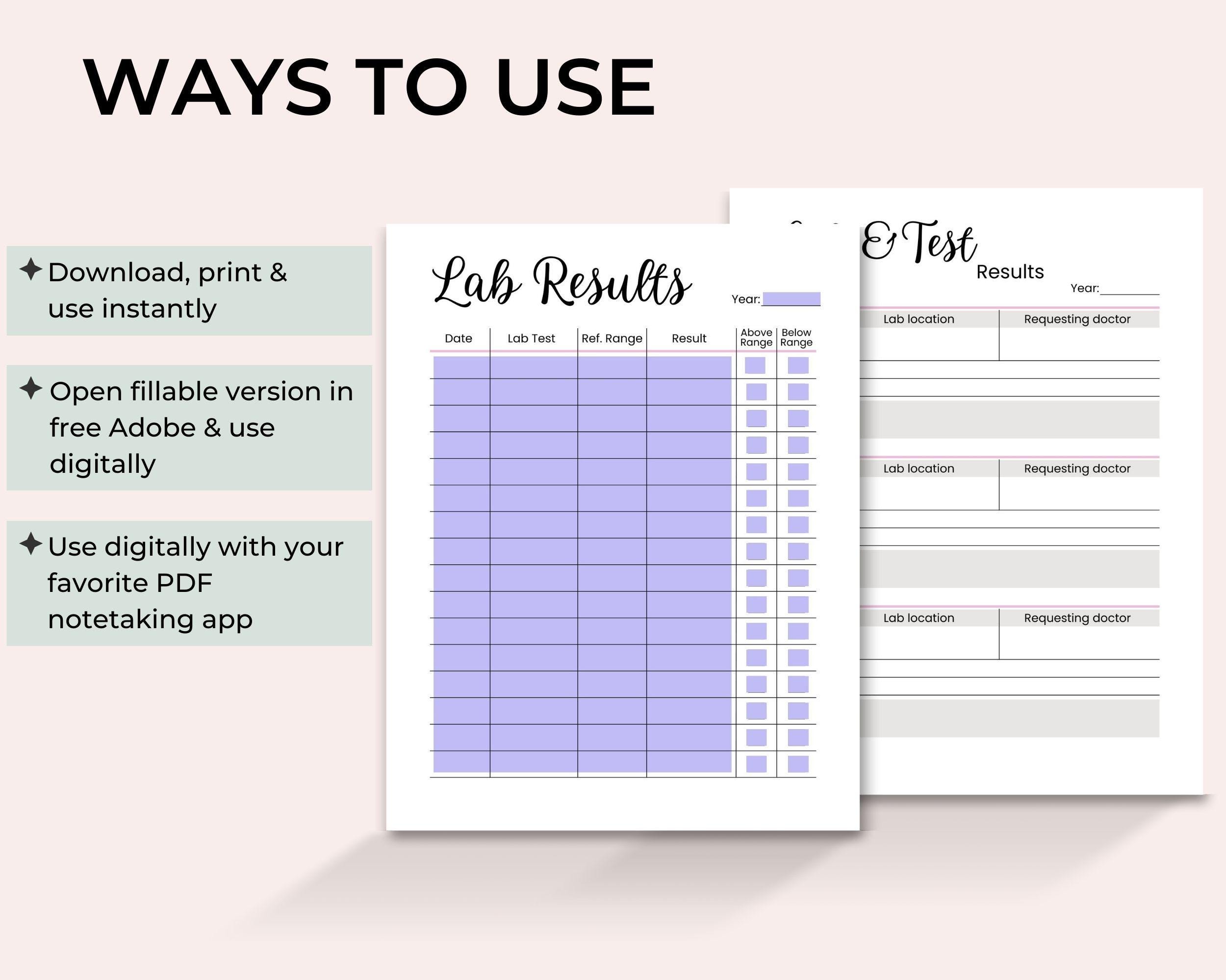 Editable Lab Results Tracker - Printable Lab Work Log - Monitor Lab ...