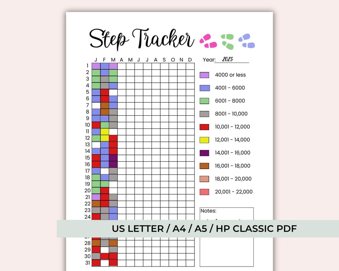 Yearly Step Tracker Printable: Fitness Journal Page, Daily Step Log ...