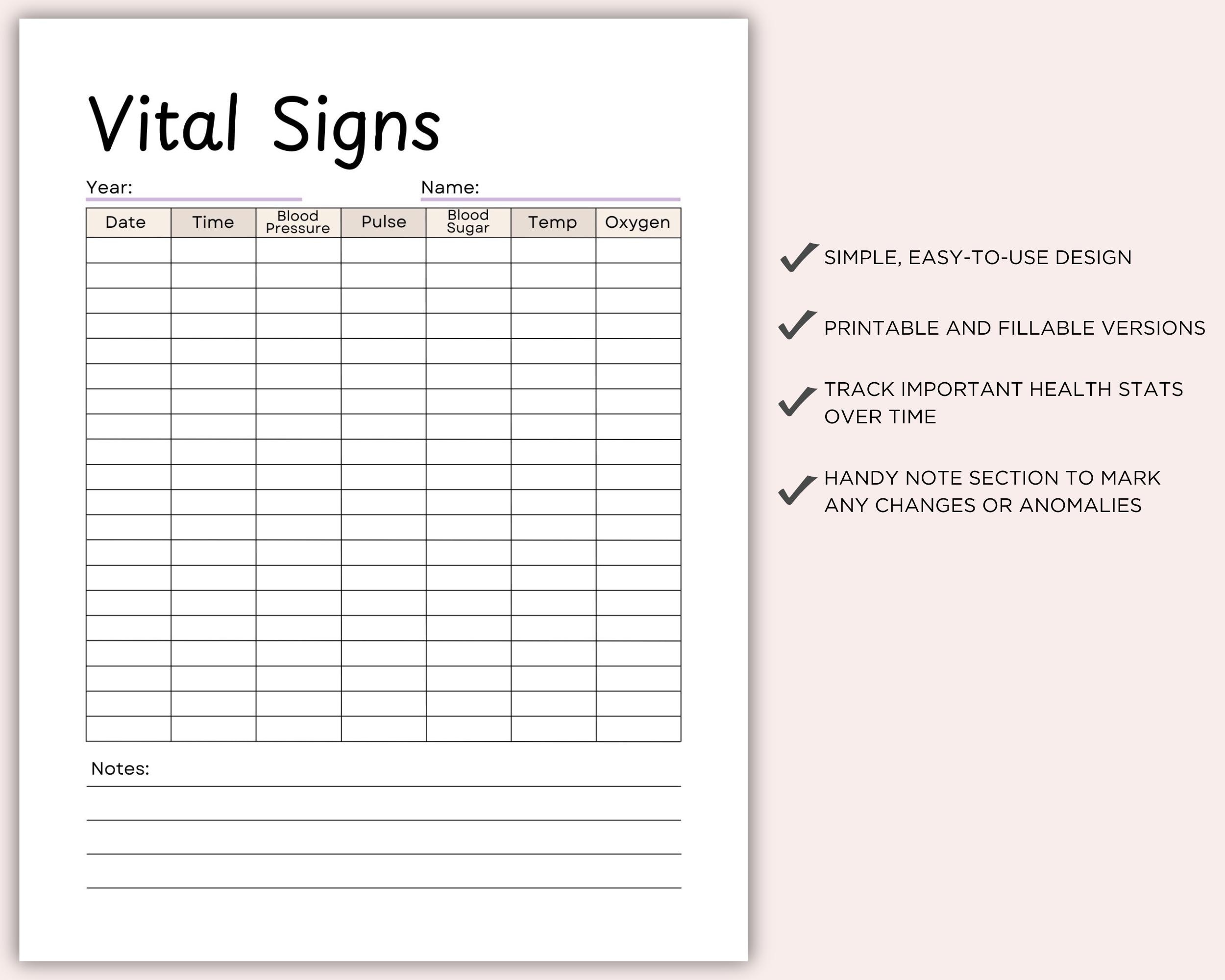 Editable & Printable Vital Signs Chart, Vital Signs Log, Nursing ...