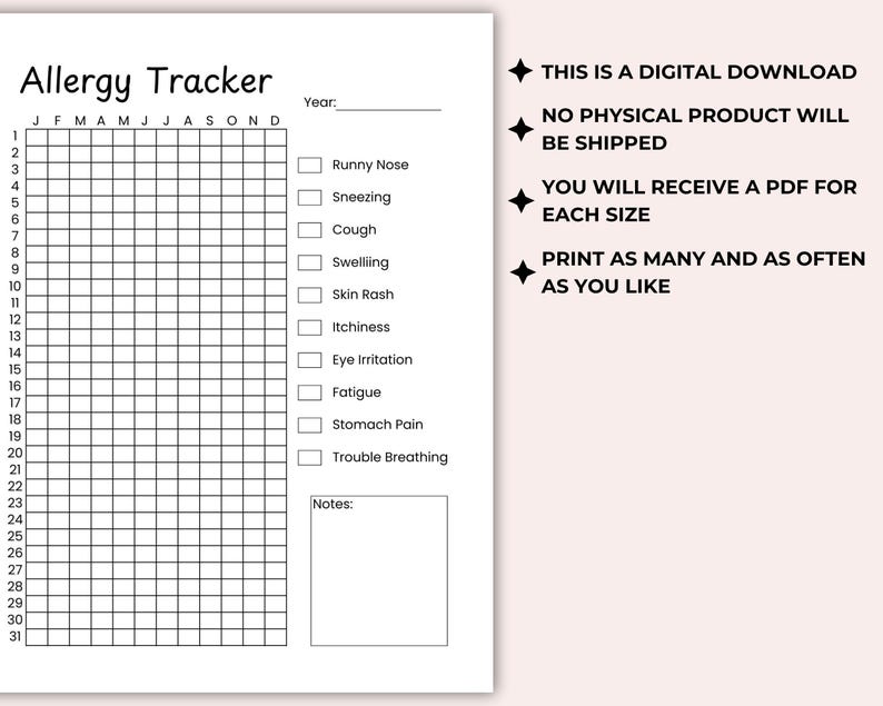 Yearly Allergy Tracker Printable - Journal Page - Allergies Log - Track ...