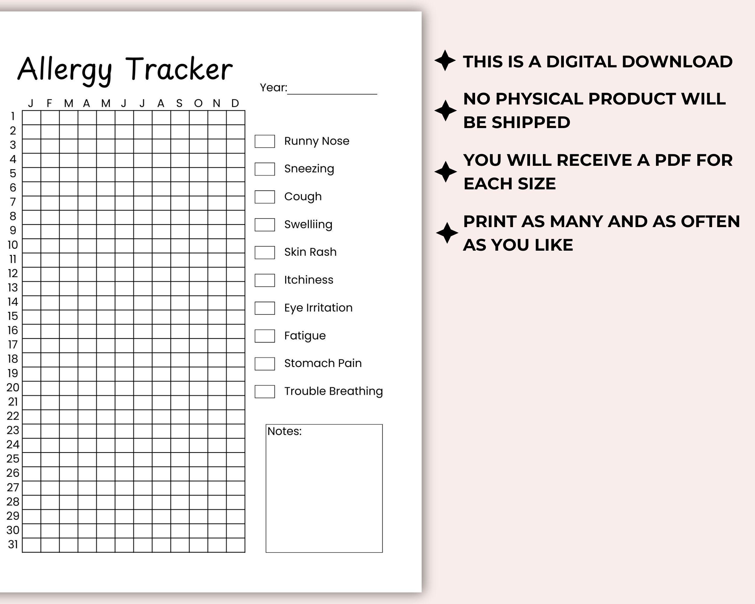 Yearly Allergy Tracker Printable - Journal Page - Allergies Log - Track ...