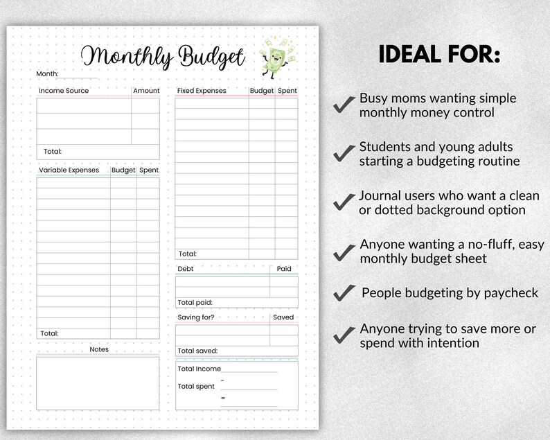 Monthly Budget Planner - Printable Journal Page - Paycheck Budget ...