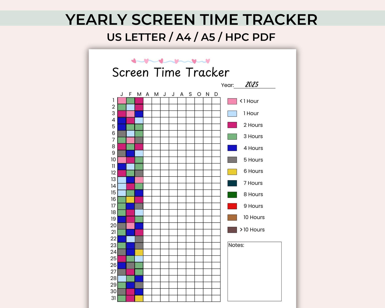 Yearly Screen Time Tracker - Printable Journal Page - Daily Screen Time ...
