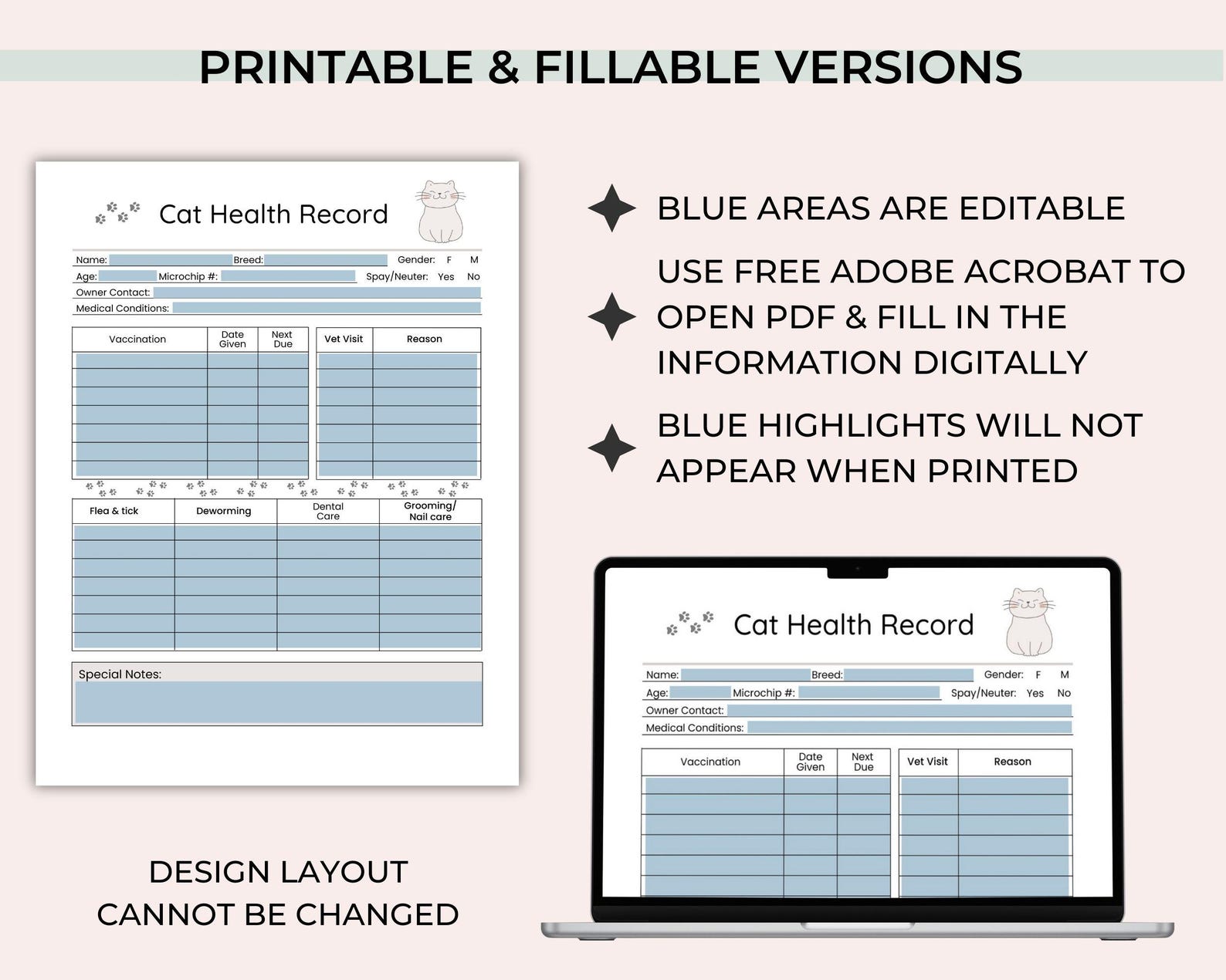 Cat Health Record Printable, Pet Health and Grooming Tracker, Editable ...