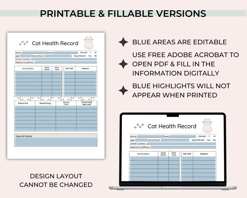 Cat Health Record Printable, Pet Health and Grooming Tracker, Editable ...