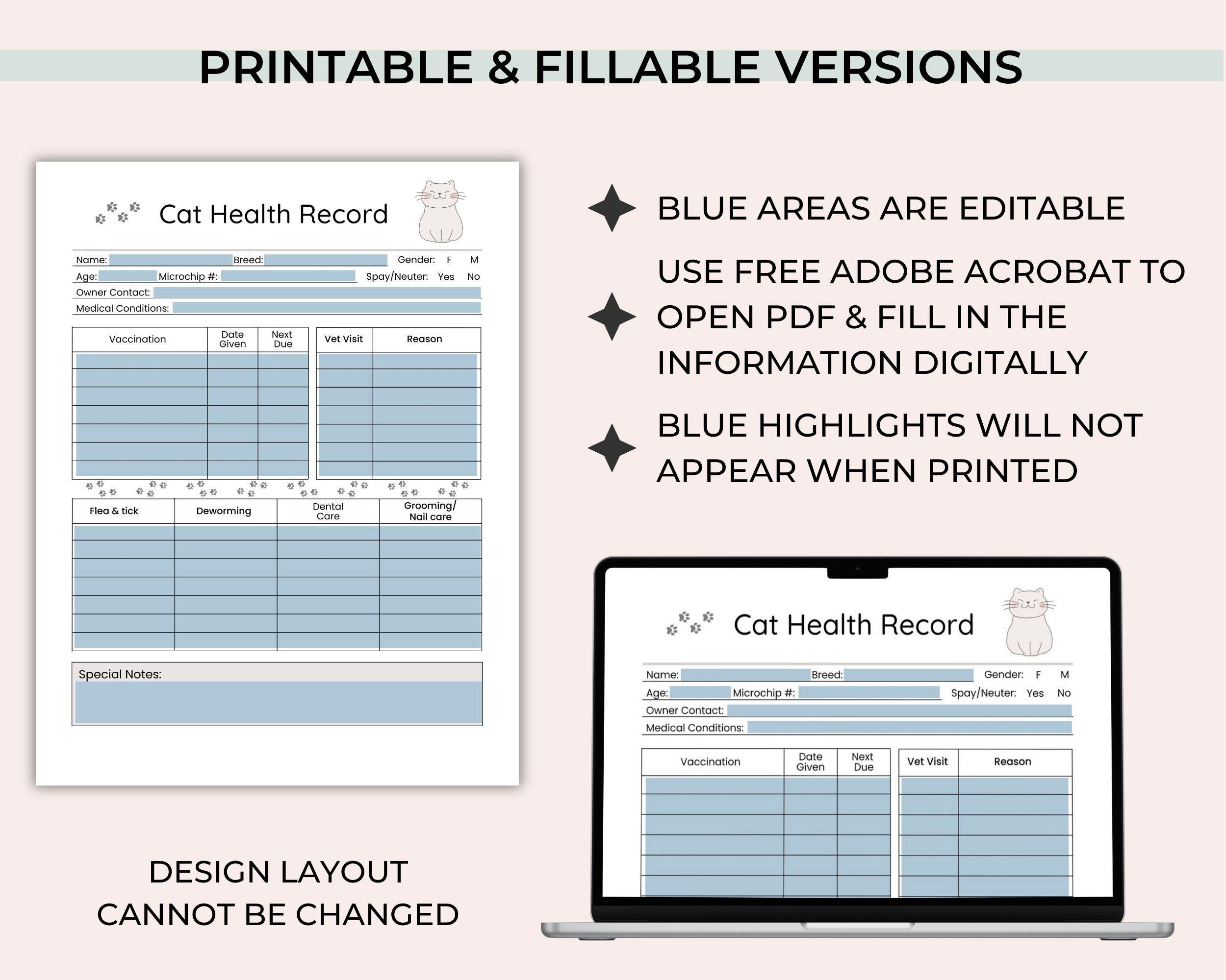 Cat Health Record Printable, Pet Health and Grooming Tracker, Editable ...