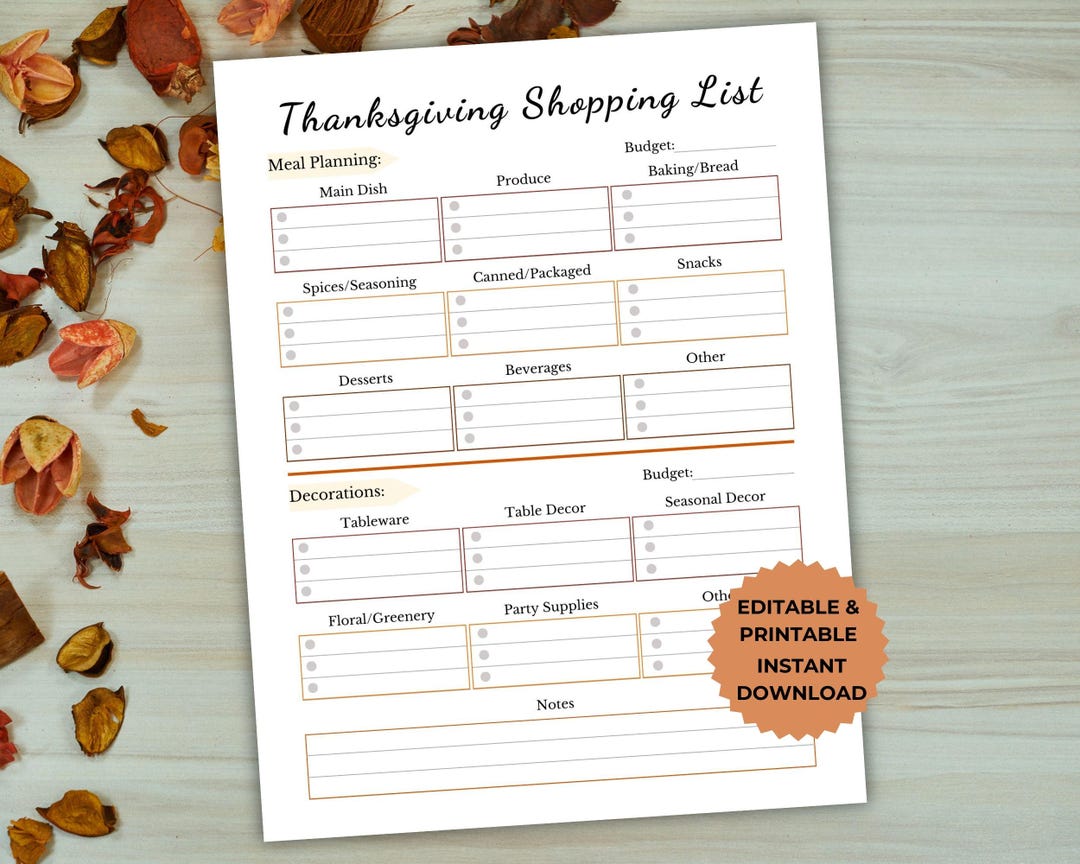 Thanksgiving Shopping List Printable, Editable Grocery and Decorations ...