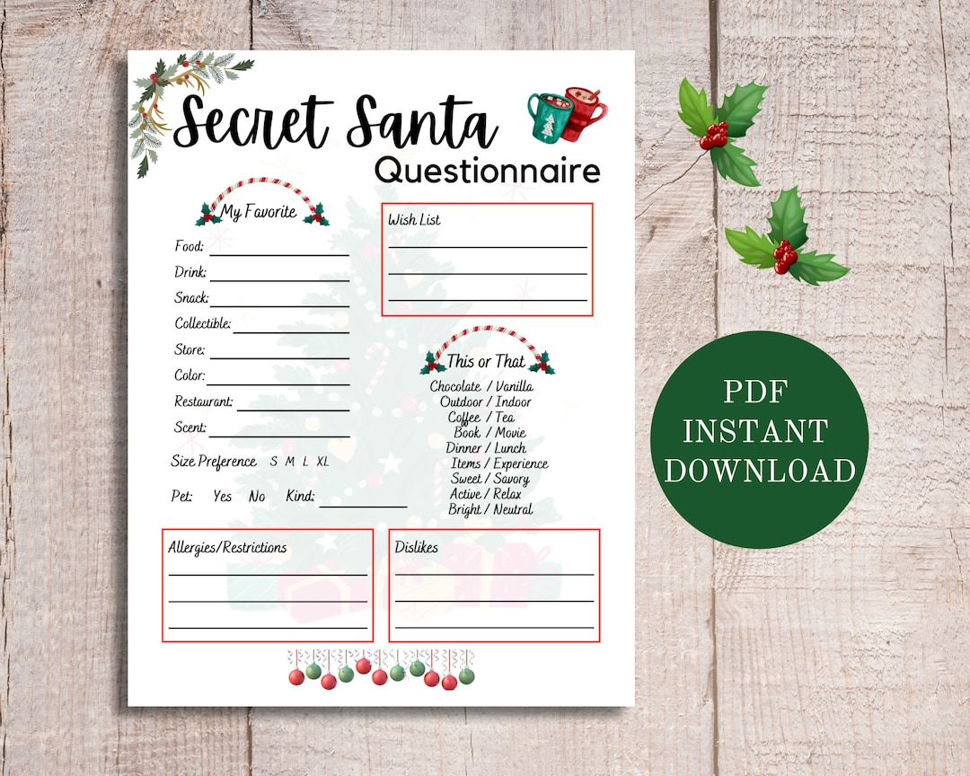 Secret Santa Questionnaire Printable, Christmas Gift Exchange, Gift ...