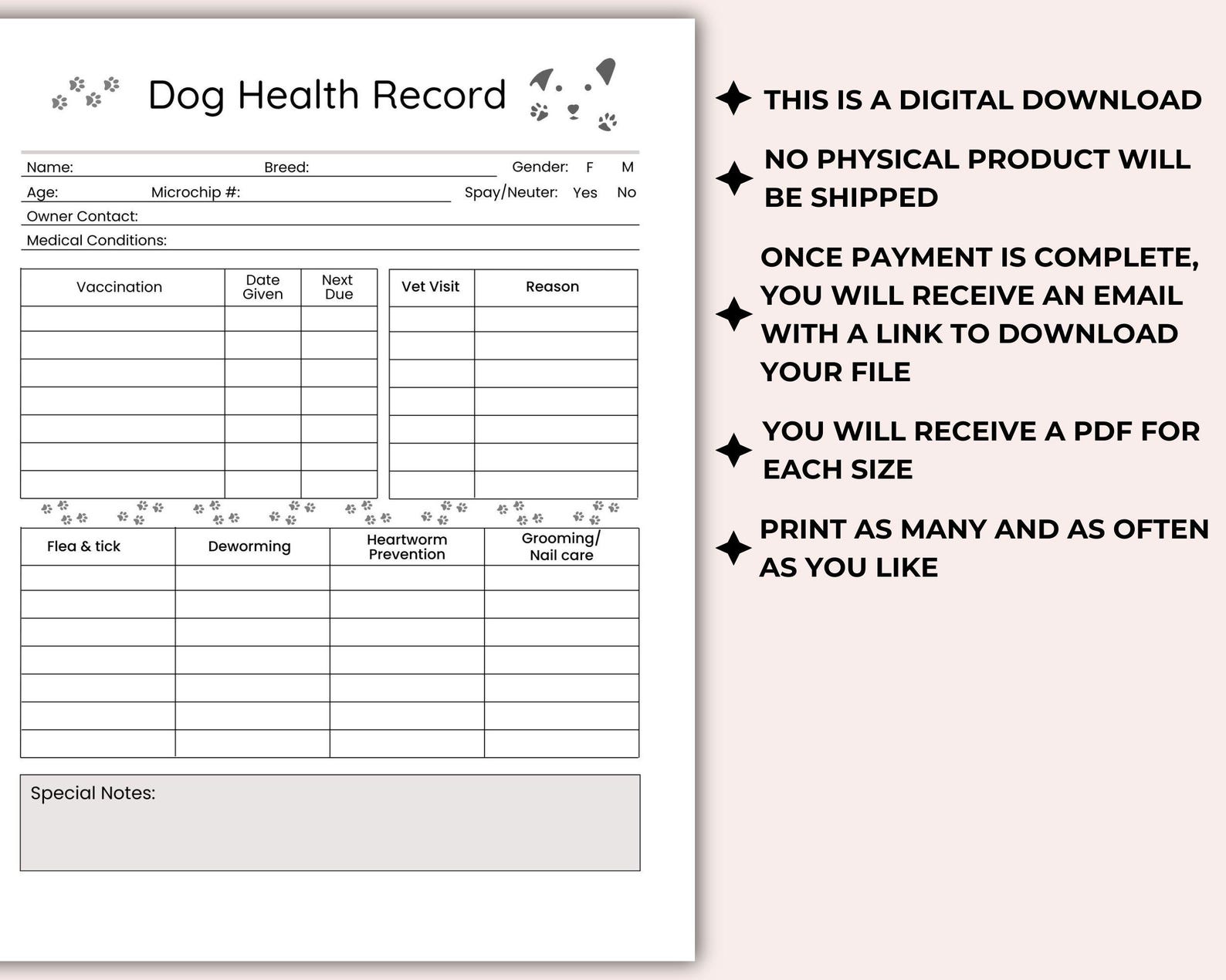 Dog Health Record Printable, Pet Health and Grooming Tracker, Editable ...