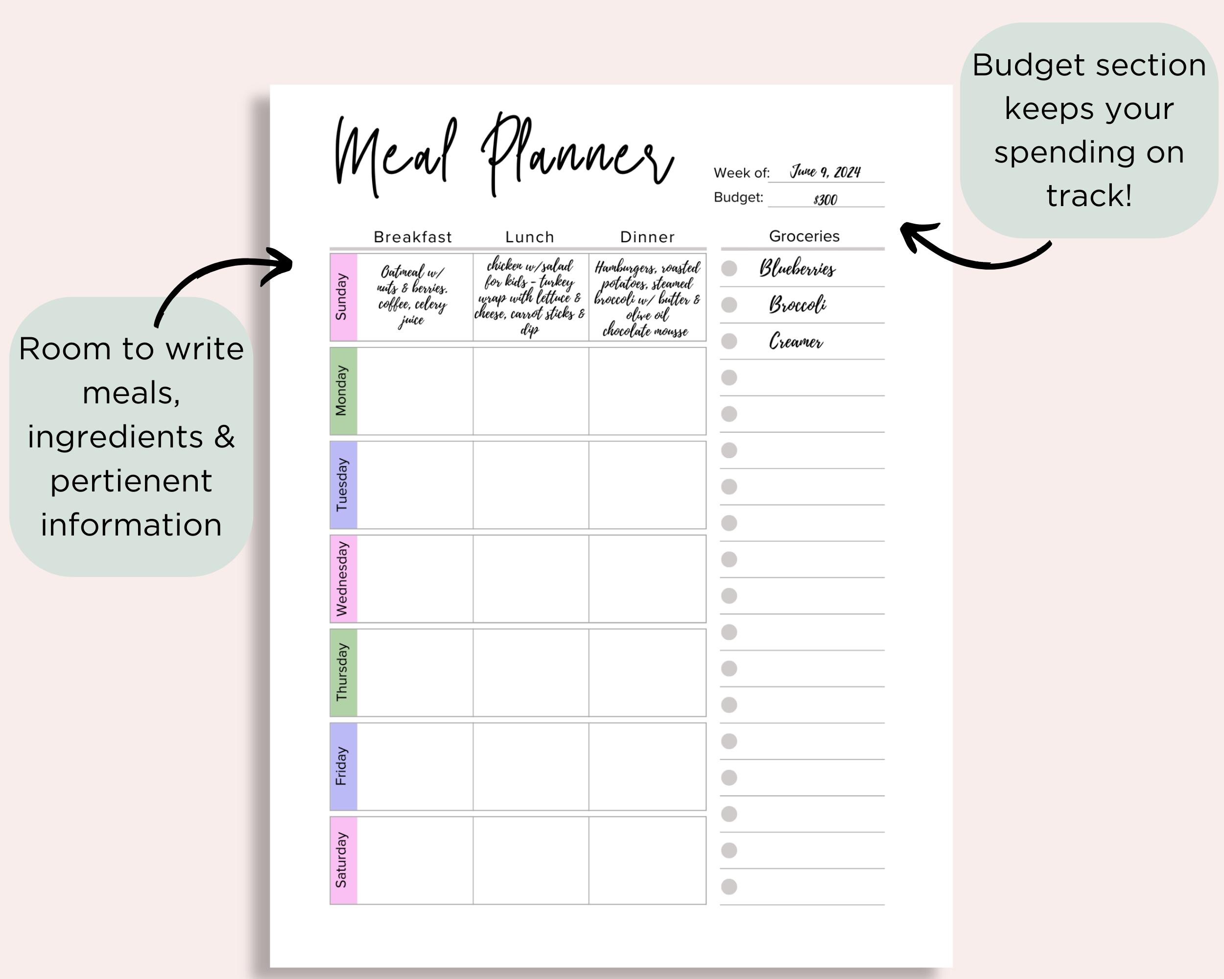 Editable Meal Planner Printable With Grocery List, Weekly Menu Plan ...