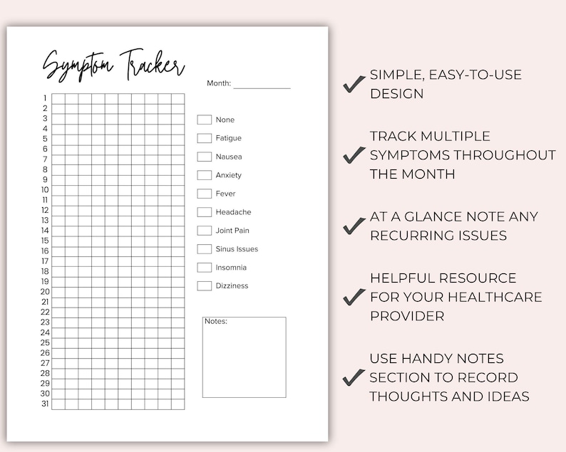 Monthly Symptom Tracker Printable - Journal Page - Symptom Log - Daily ...